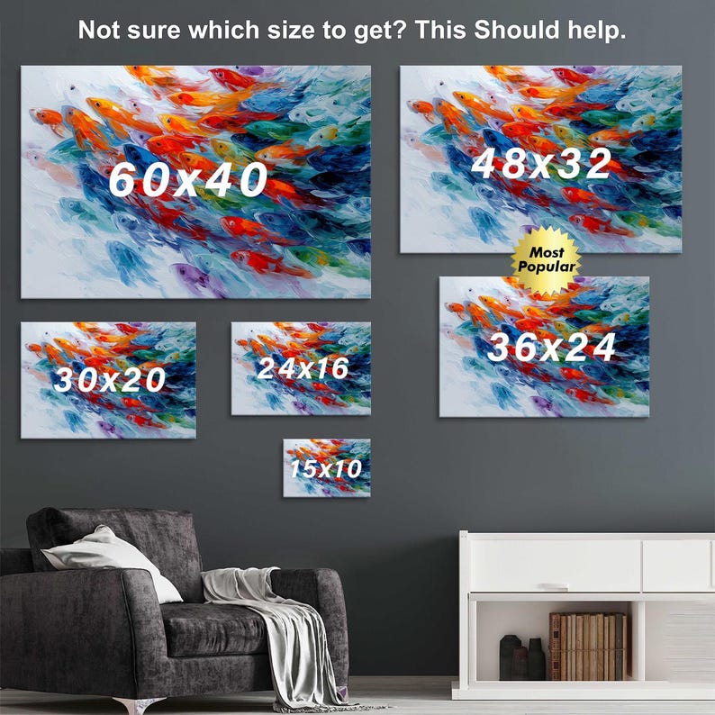 Abstract Fish Shoal Wall Art, Lake House Decor, Colourful Oil Painting ...