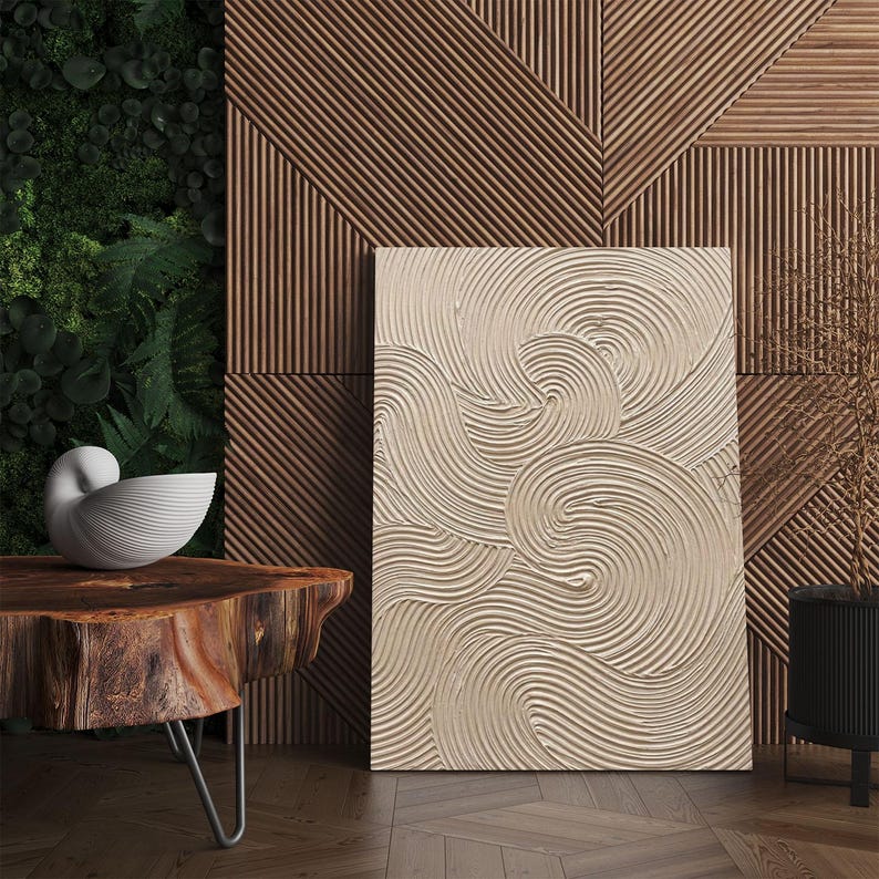 Beige Plaster Art Canvas Print, Minimalist Swirl Wall Art, Neutral ...