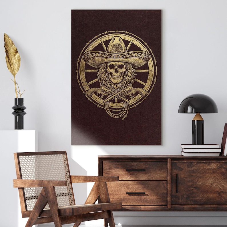 Vaquero Skull Sombrero Canvas Print, Western Outlaw Wall Art, Crossed ...