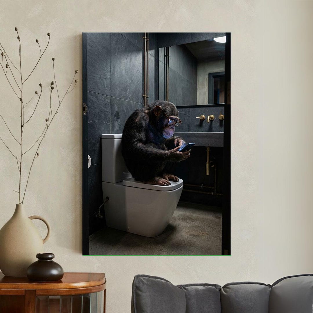 Funny Monkey Bathroom Wall Art Canvas Print, Chimpanzee on Toilet With ...