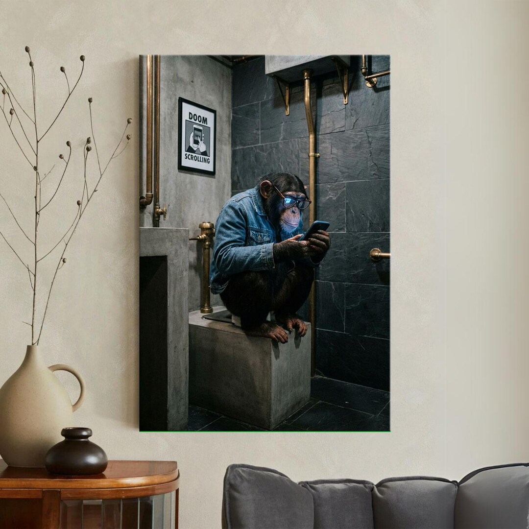 Funny Monkey Bathroom Canvas Print, Chimpanzee on Toilet Wall Art, Doom ...