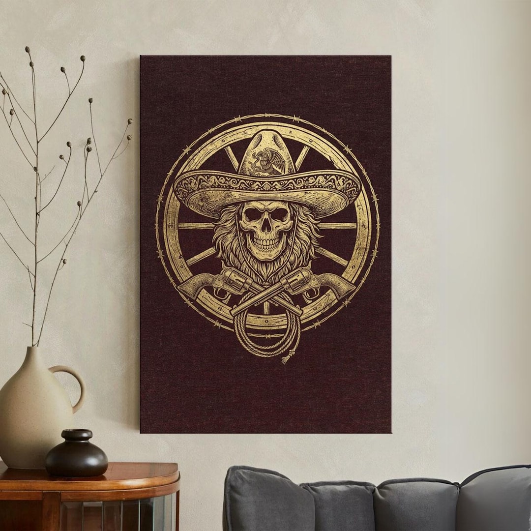 Vaquero Skull Sombrero Canvas Print, Western Outlaw Wall Art, Crossed ...