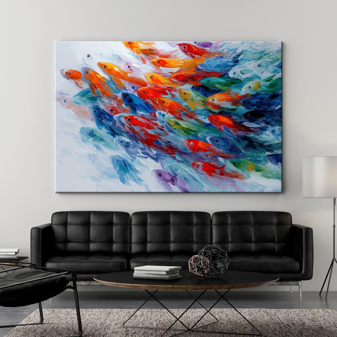 Abstract Fish Shoal Wall Art, Lake House Decor, Colourful Oil Painting ...