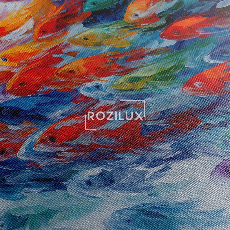 Abstract Fish Shoal Wall Art, Lake House Decor, Colourful Oil Painting ...