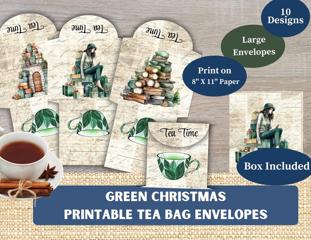 Green Christmas Printable Tea Bag Envelopes With Matching Box - 10 ...