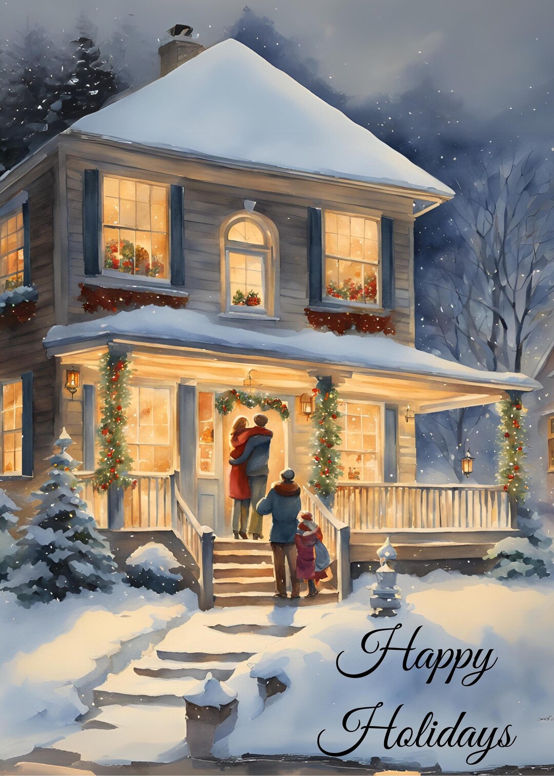 Printable Christmas Card, Set of 4 Watercolor 5x7 Card, Blank Inside ...