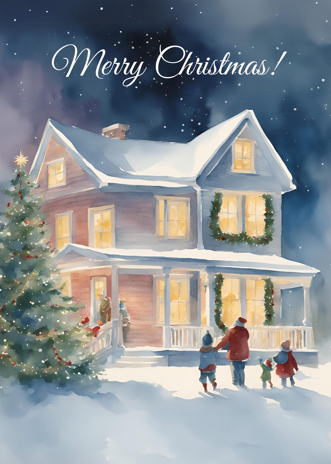 Printable Christmas Card, Set of 4 Watercolor 5x7 Card, Blank Inside ...