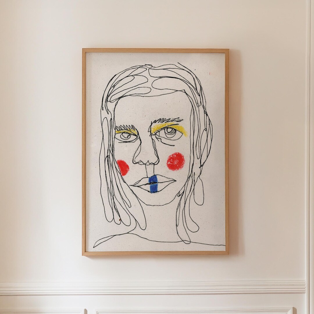 Clown — Blind Contour Portrait on Handmade Paper, Pen and Wax Pastel ...