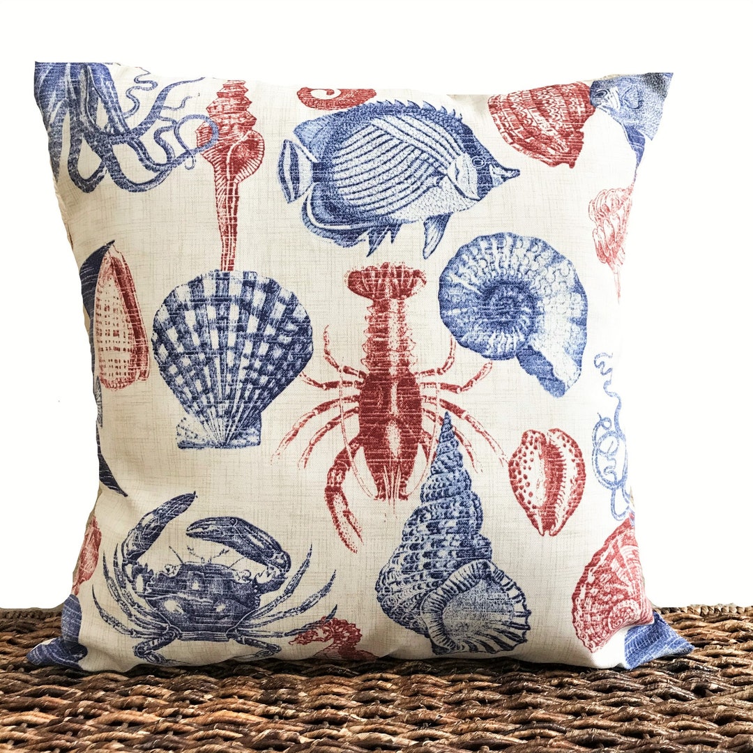 Seashells Pillow Cover Cushion Outdoor Indoor Lobster Crab Fish Blue ...