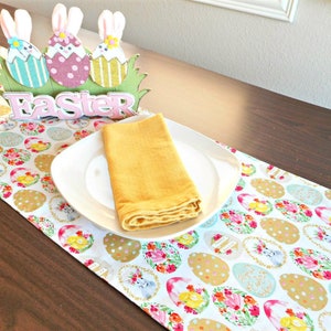Easter Eggs Table Runner Bunnies Chicks Floral Polka Dots Metallic Gold Aqua Red Pink Yellow ...