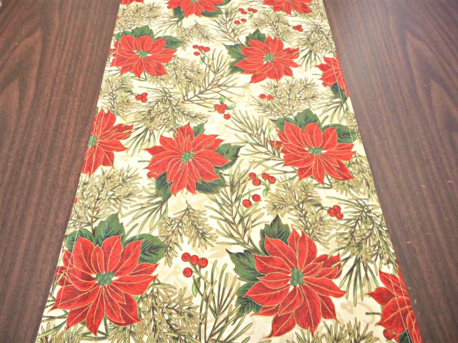 Poinsettias Table Runner Christmas Holly Berries Evergreen - Etsy