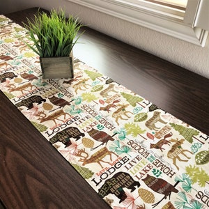 Cabin Table Runner Lakehouse Lodge Rustic Bears Owls Moose Pinecones ...