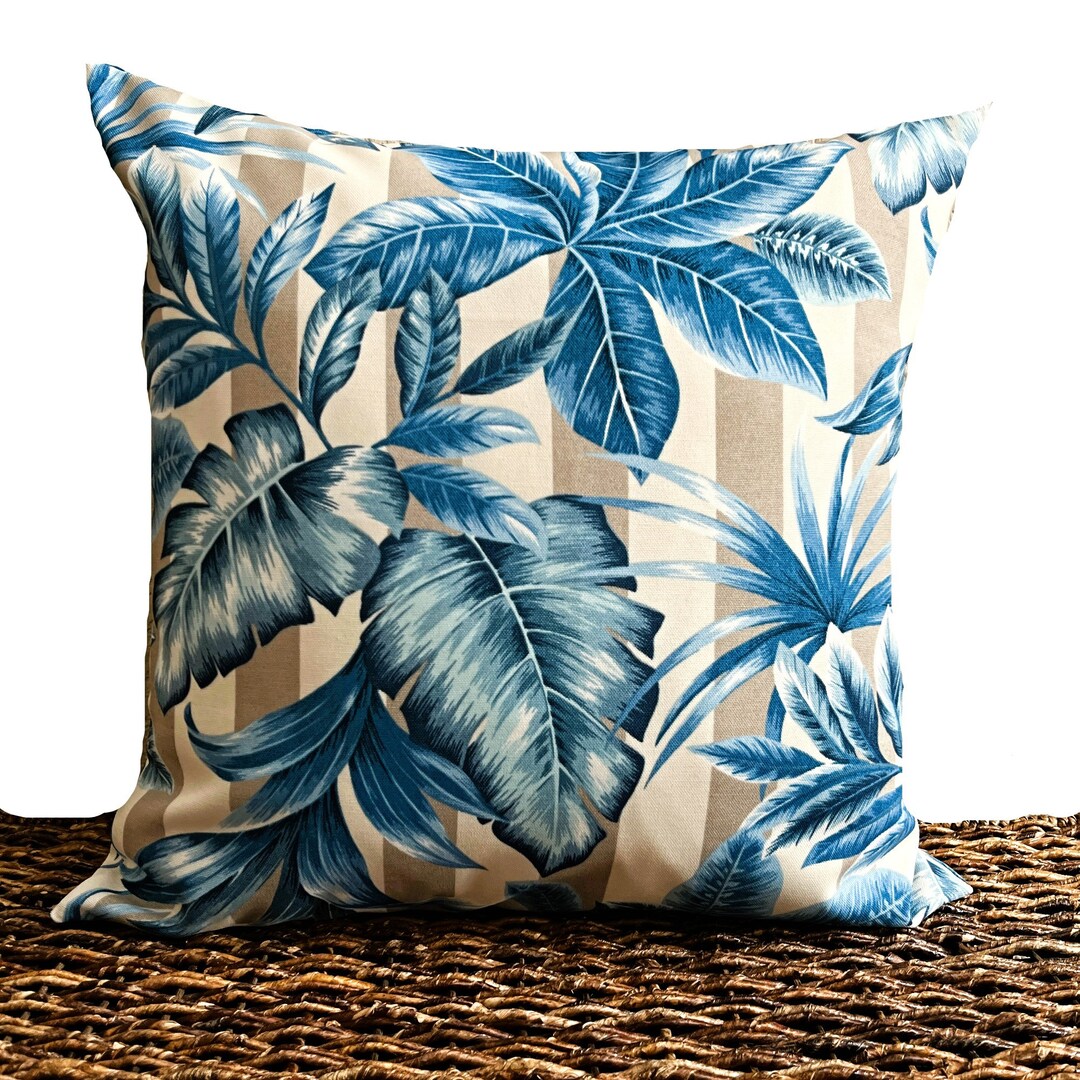 Outdoor Tropical Pillow Cover Cushion Palm Leaves Stripes Blue Tan ...