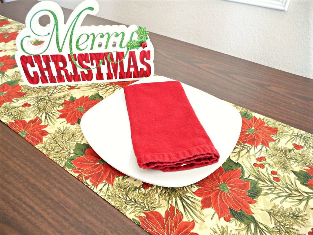 Poinsettias Table Runner Christmas Holly Berries Evergreen Branches Red ...