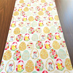 Easter Eggs Table Runner Bunnies Chicks Floral Polka Dots Metallic Gold Aqua Red Pink Yellow ...