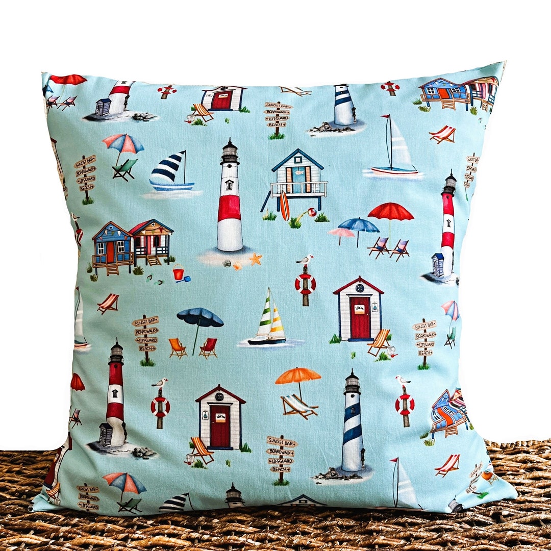 Lighthouses Pillow Cover Cushion Coastal Nautical Sailboats Beach Huts ...