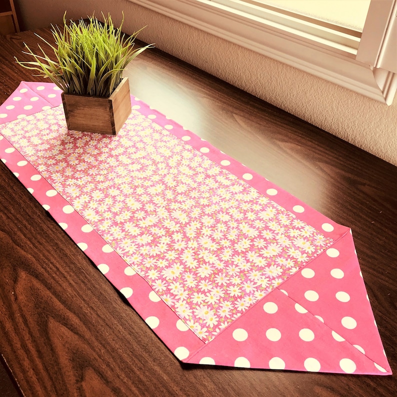 Pink Floral Table Runner Polka Dots Spring Daisies Yellow | Etsy