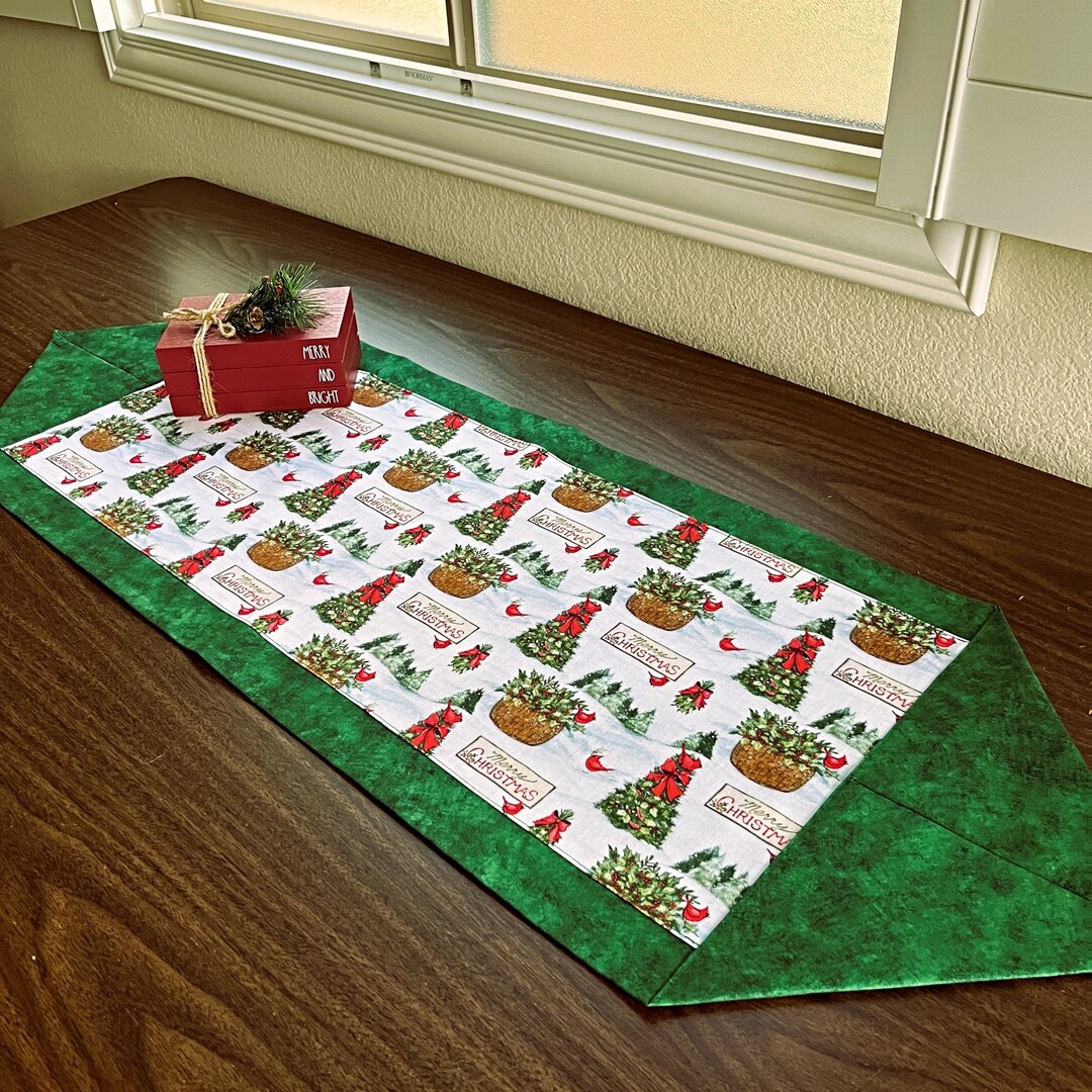Cardinals Table Runner Christmas Trees Holly Merry Red Green Brown ...
