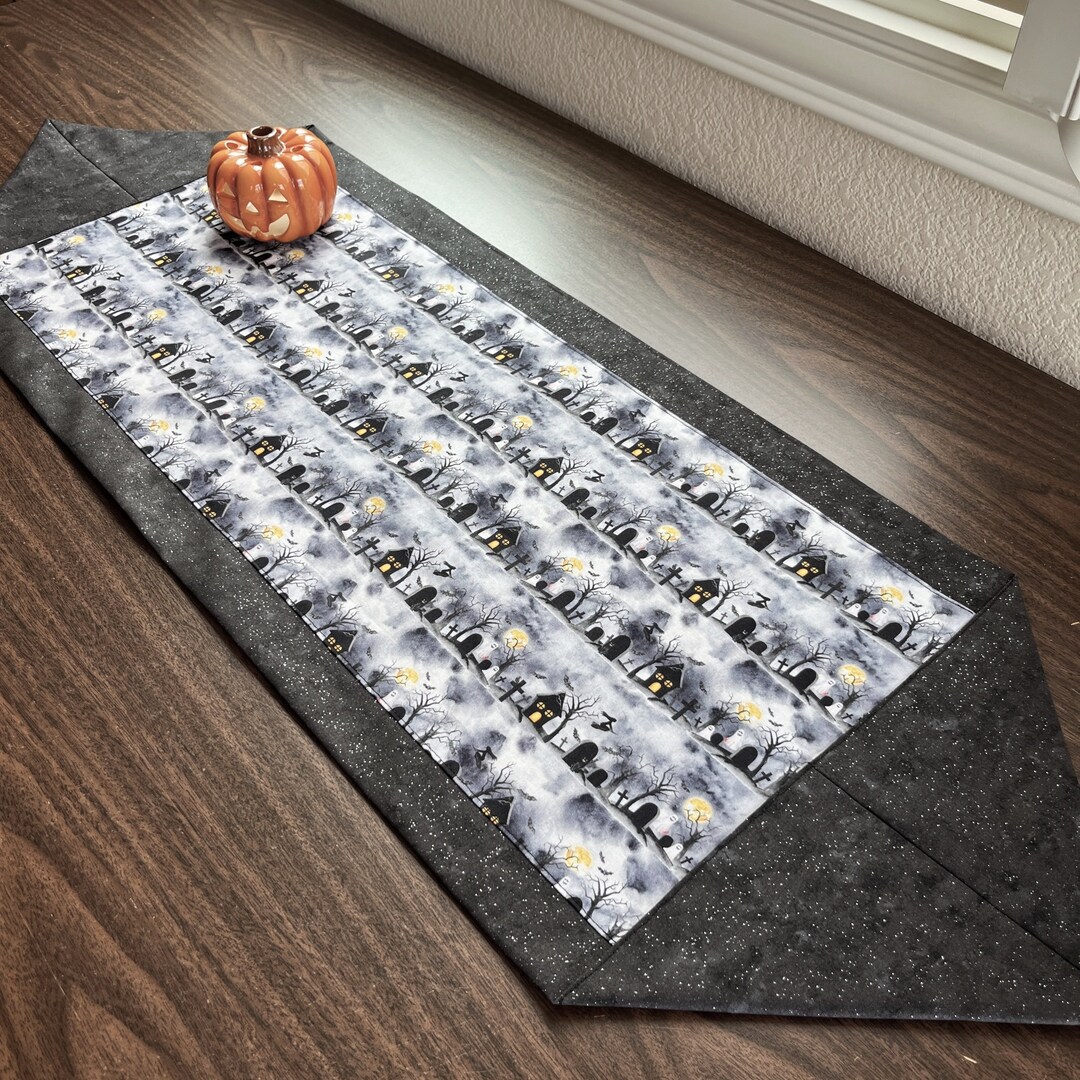 Halloween Table Runner Graveyard Ghosts Witches Haunted House Moon Bats ...