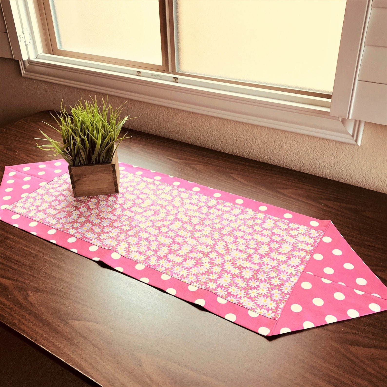Pink Floral Table Runner Polka Dots Spring Daisies Yellow | Etsy