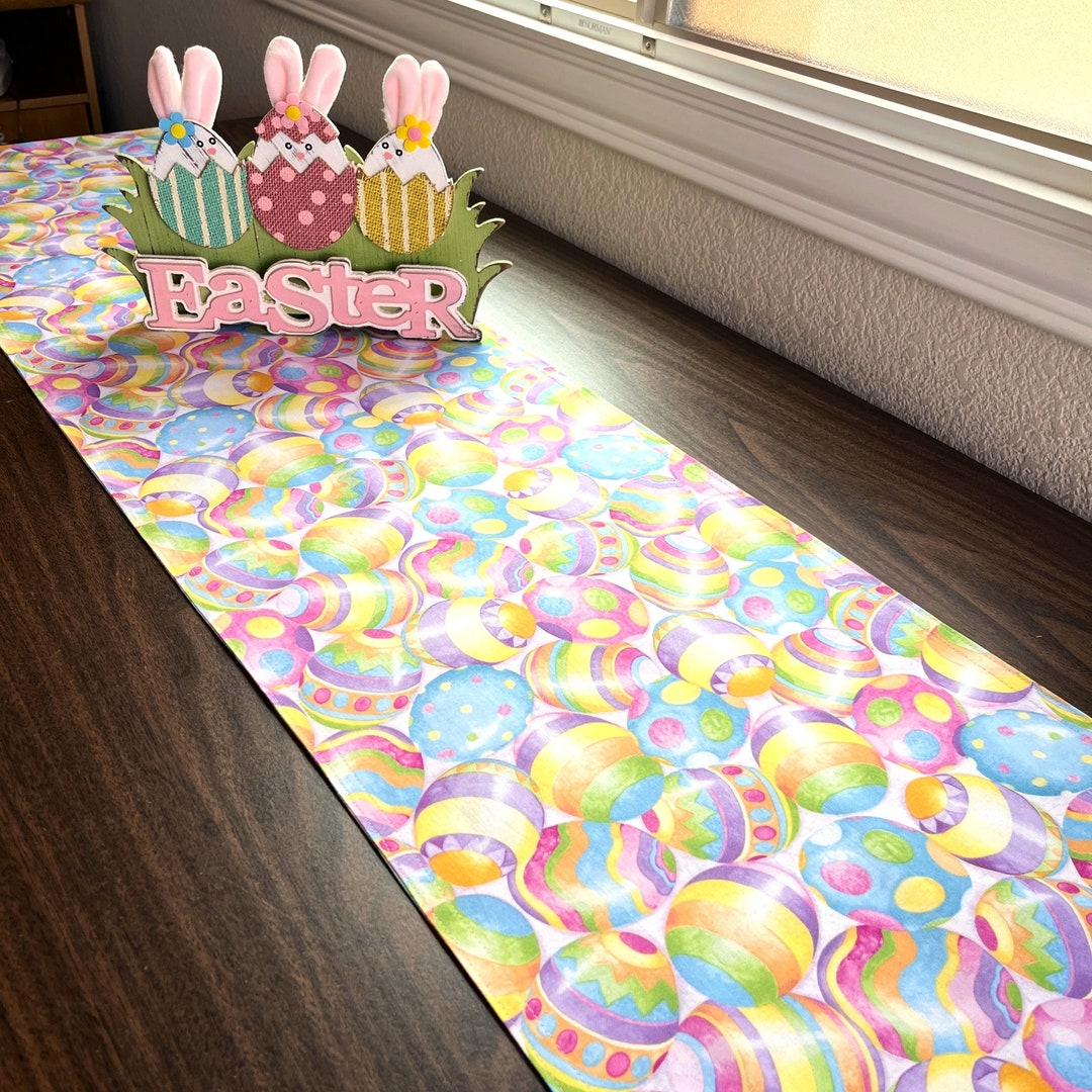 Easter Eggs Table Runner Pink Green Blue Yellow Purple Orange Polka Dots Stripes Easter Decor ...