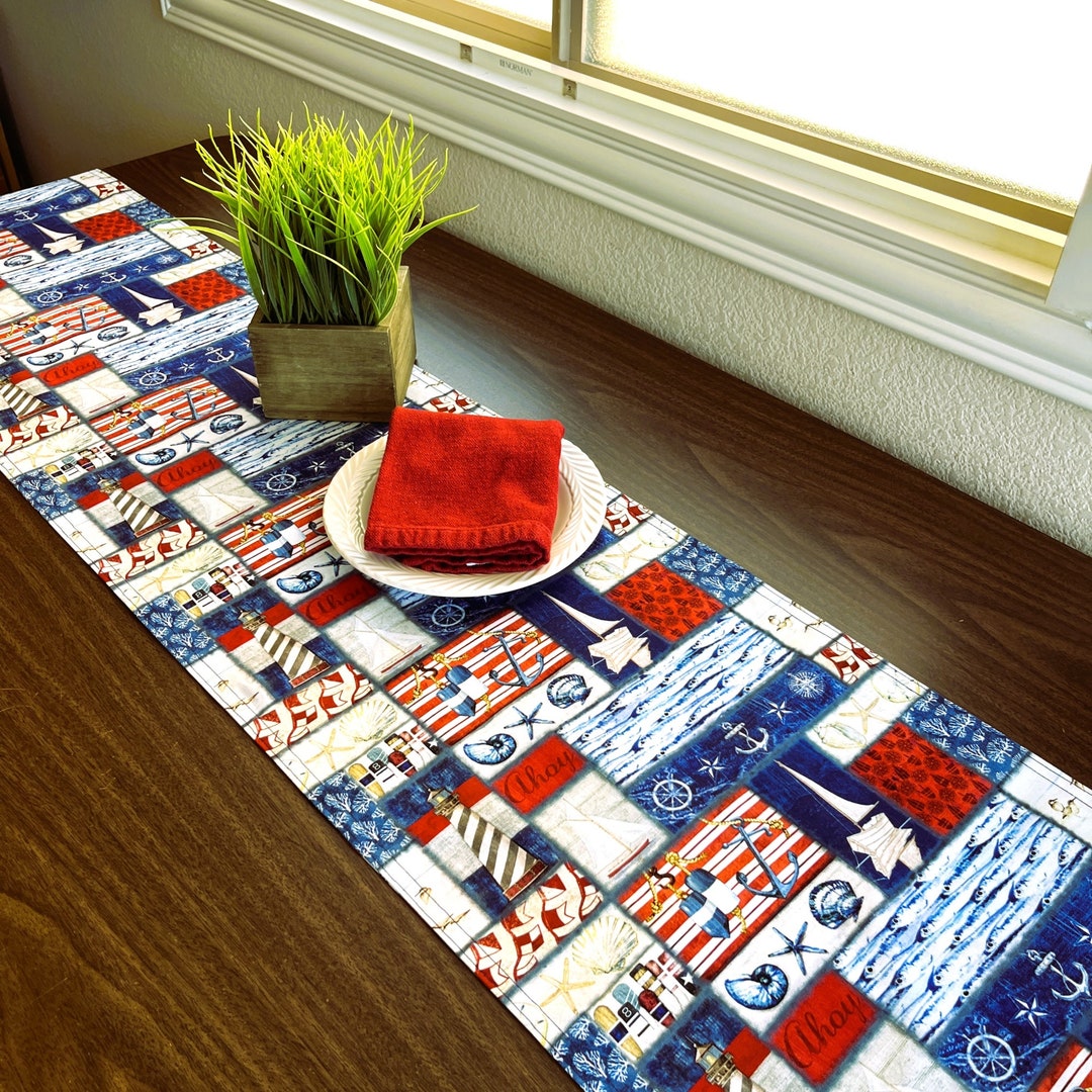 Nautical Table Runner Patriotic Red White Blue Sailboats Lighthouse ...