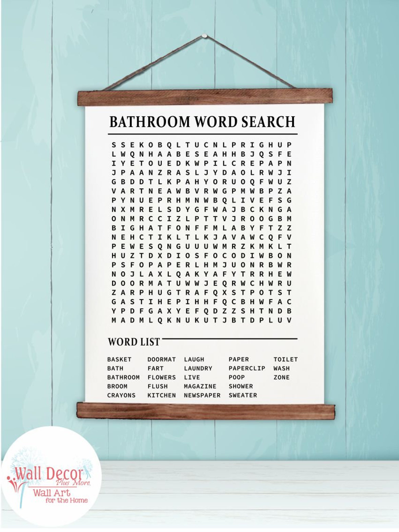 Bathroom Word Search Canvas Wall Print Sign Wood Frame Fun Wall Decor ...