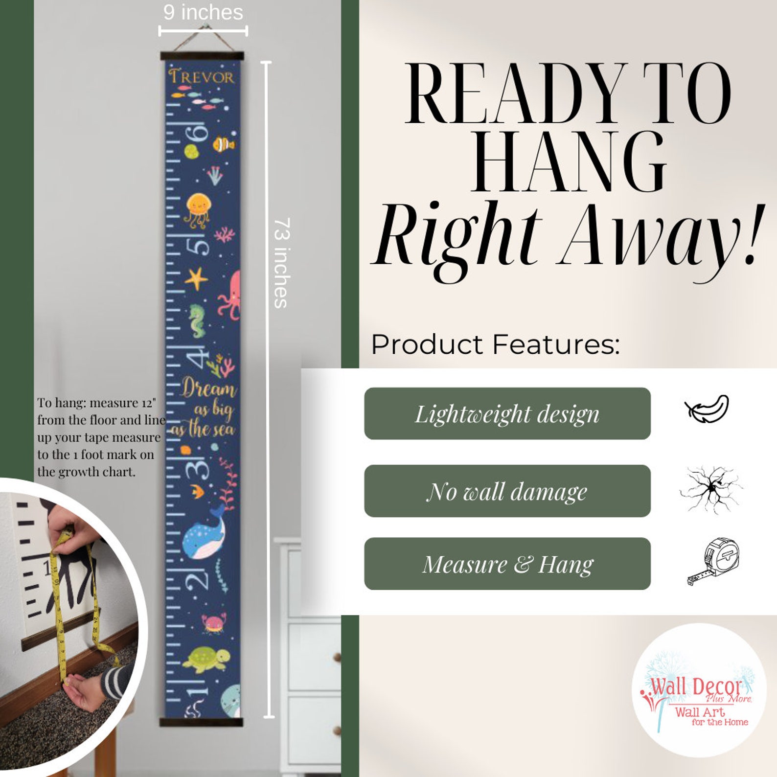 Canvas Growth Chart Height Ruler Tracker Ocean Hanging Sign Sea Bedroom ...