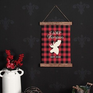 Wood Canvas Wall Hanging Buffalo Plaid Elk Rustic Decor Sign Camp Name ...