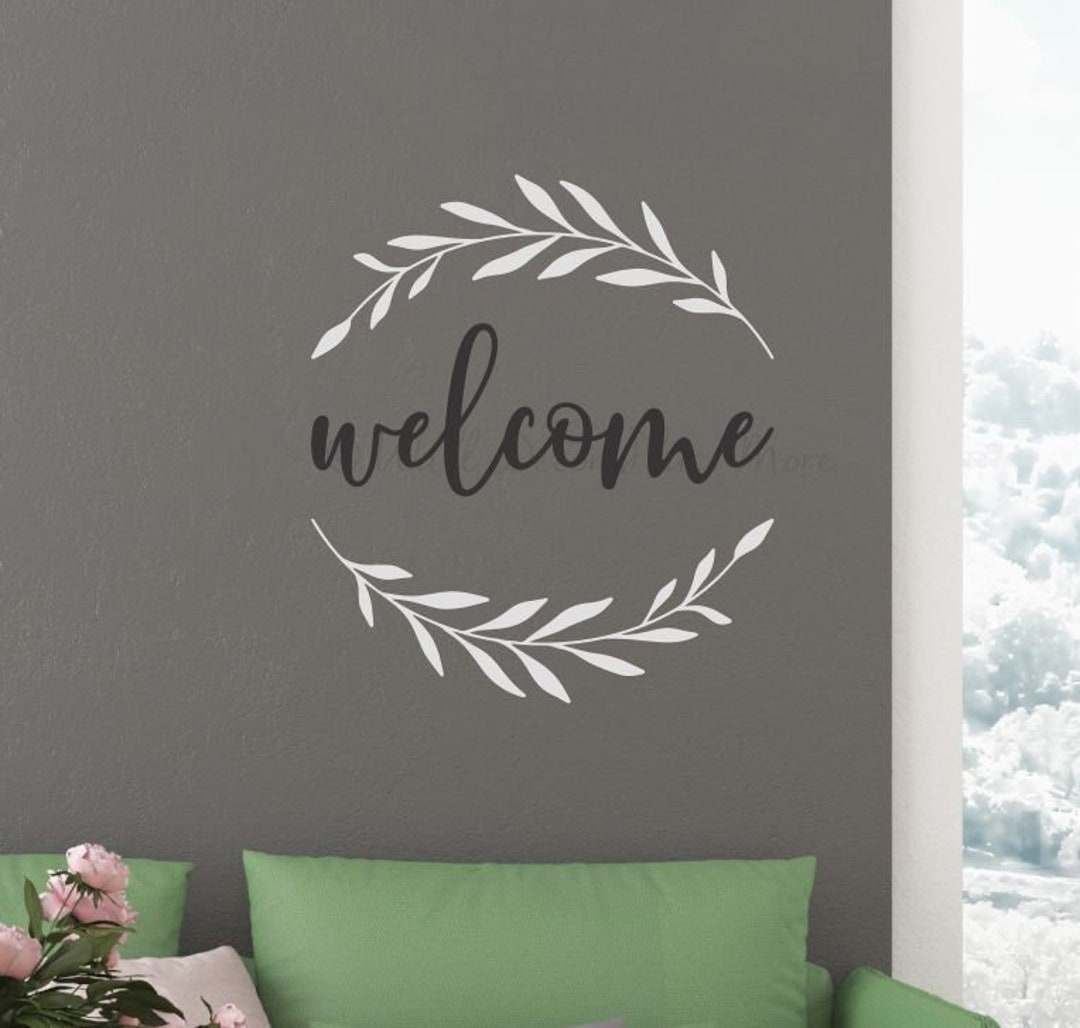Welcome Sticker With Leaf Wreath Wall Decal Entryway Art - Etsy