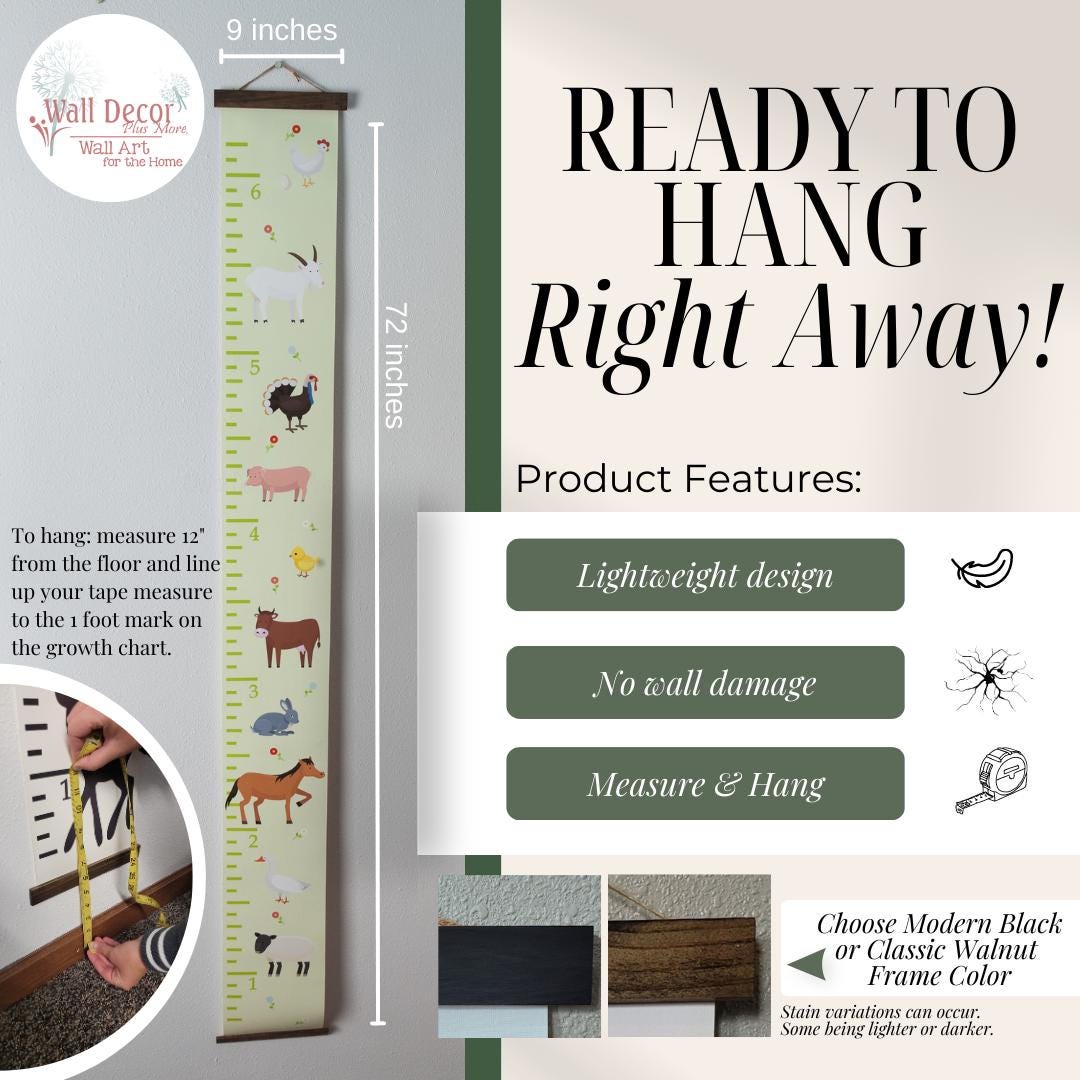 Farm Animals Height Ruler Tracker Printed on Canvas Growth Chart Sign ...