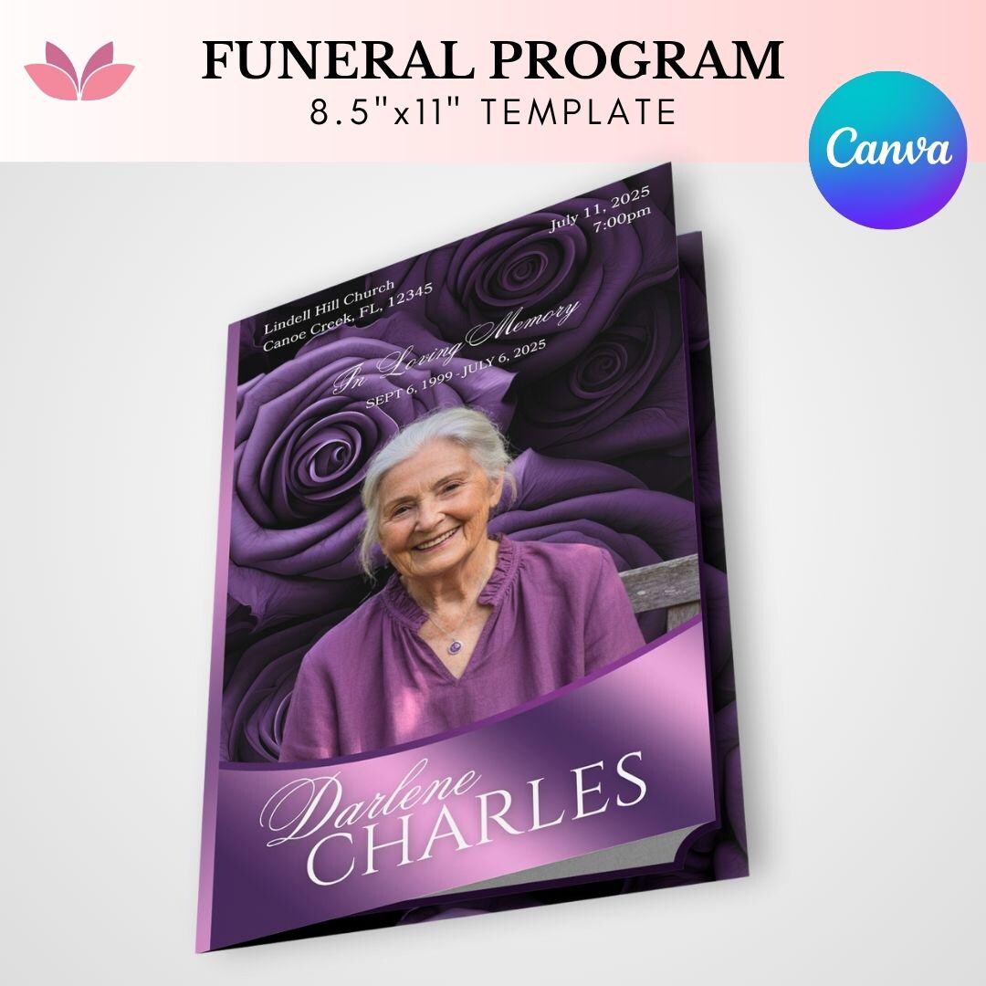 Purple Funeral Program Template: Customizable Obituary (canva, 8.5x11 ...