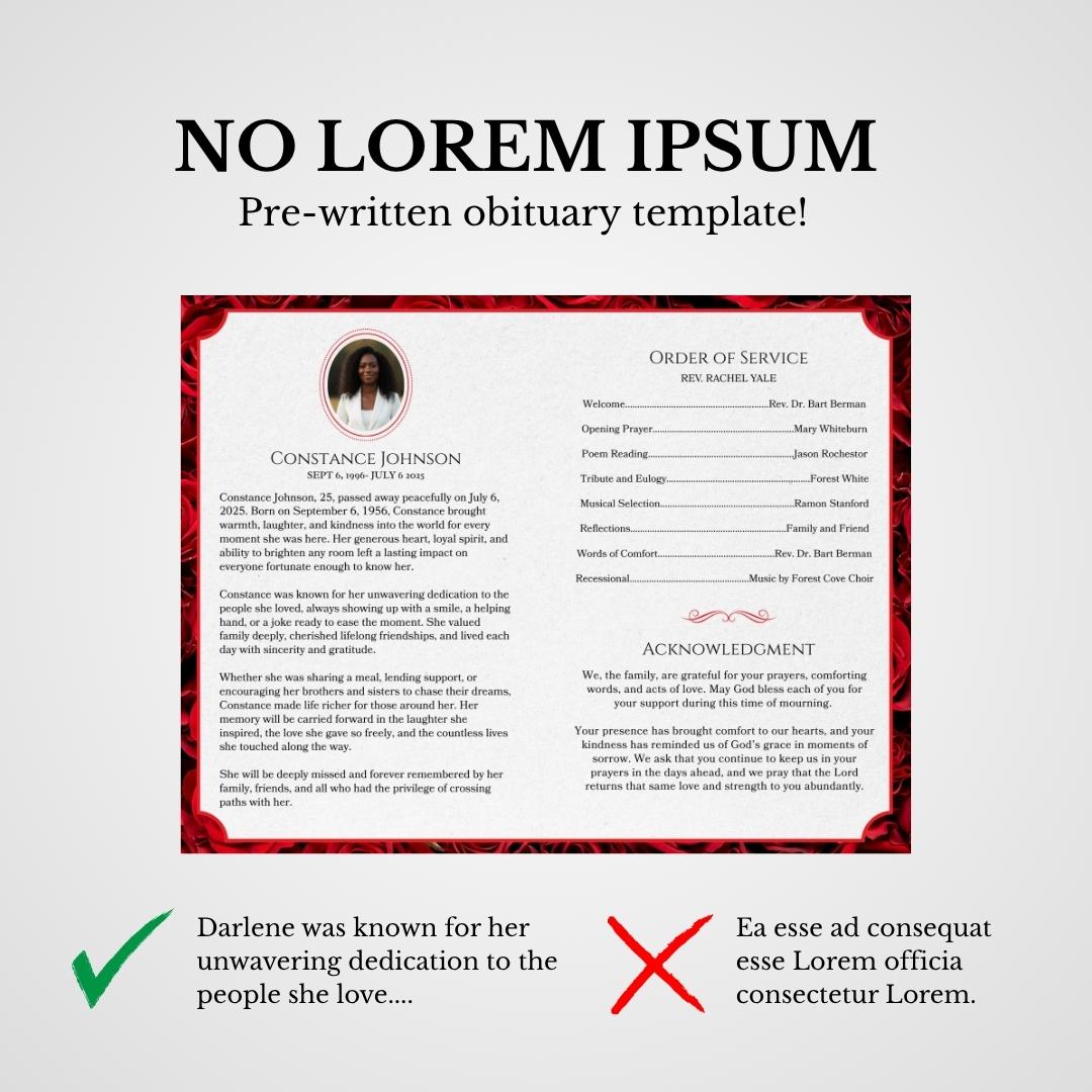 Red Rose Background Obituary: Customizable Funeral Program Template ...