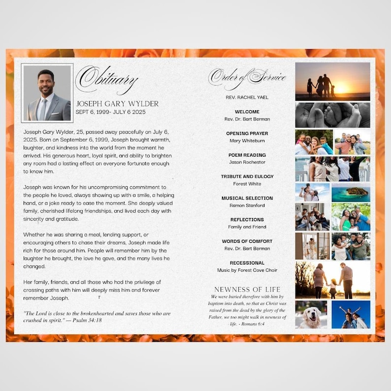 Orange Roses Funeral Program Template: Elegant Obituary, Canva (digital ...