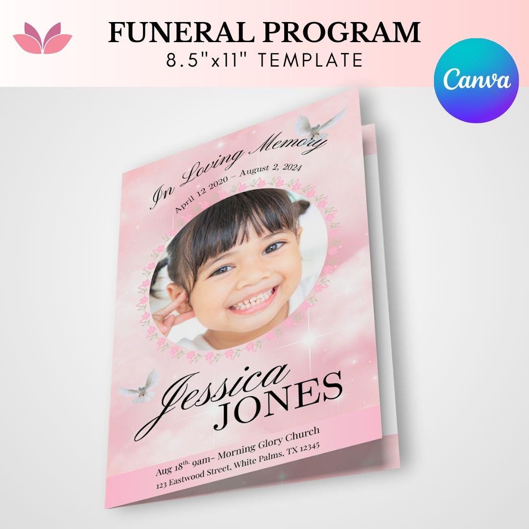 Pink Funeral Program Template: Child Obituary, Canva Editable (8.5x11 ...