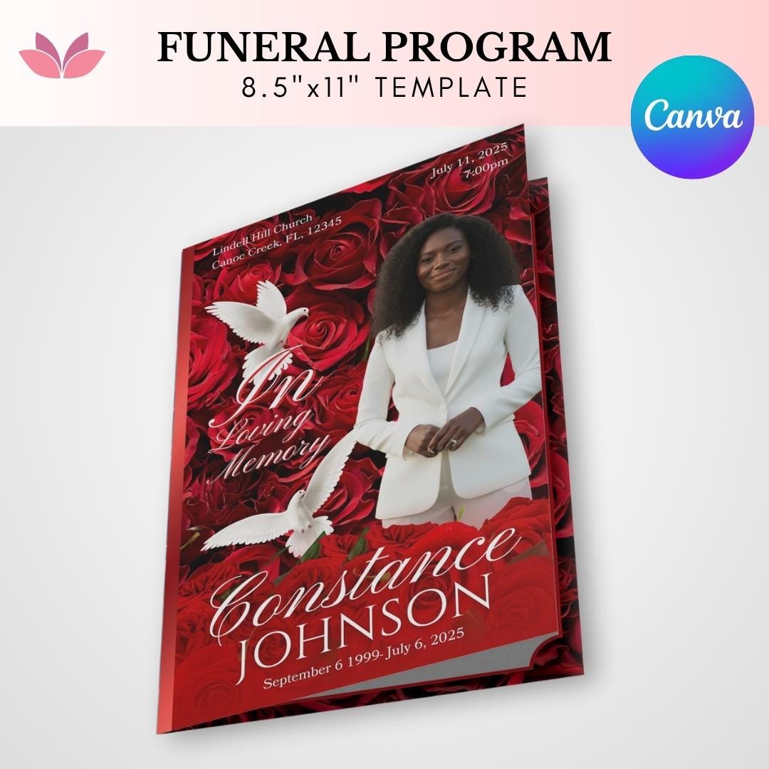 Red Rose Background Obituary: Customizable Funeral Program Template ...