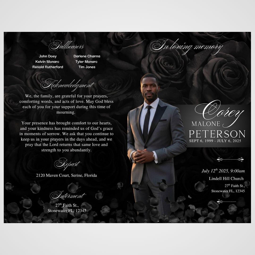 Elegant Black Roses Funeral Program Template: Customizable Obituary ...