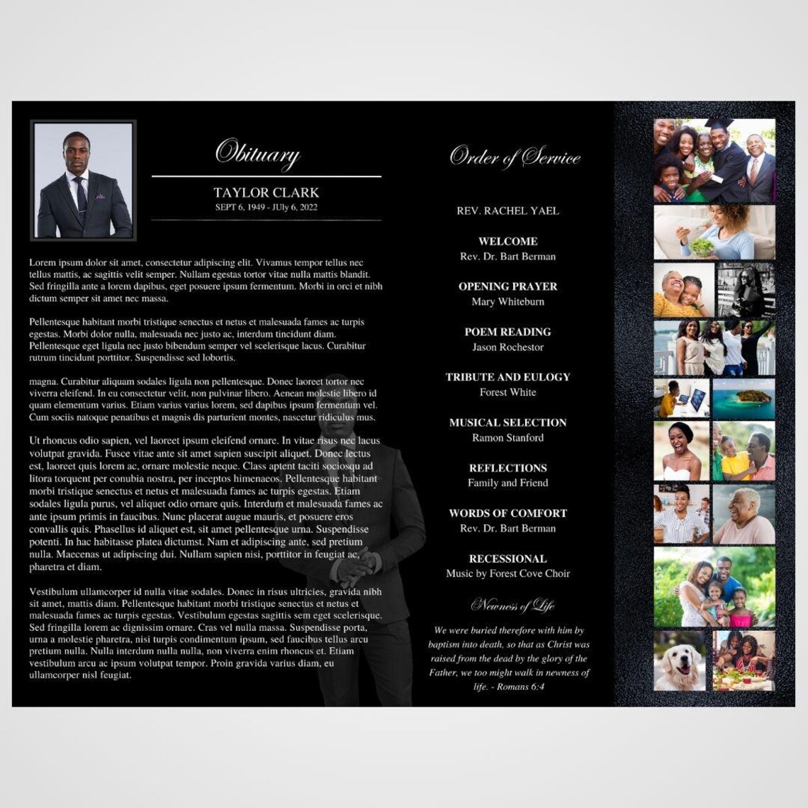 Black Funeral Program Template: 8.5x11 Obituary, Canva (digital ...