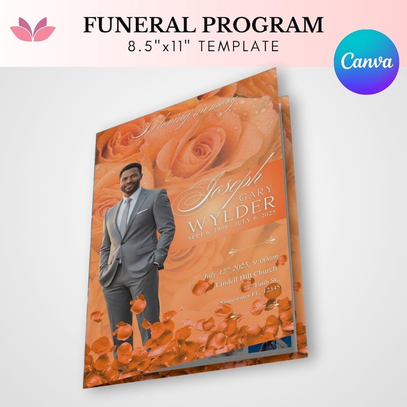 Orange Roses Funeral Program Template: Elegant Obituary, Canva (digital ...