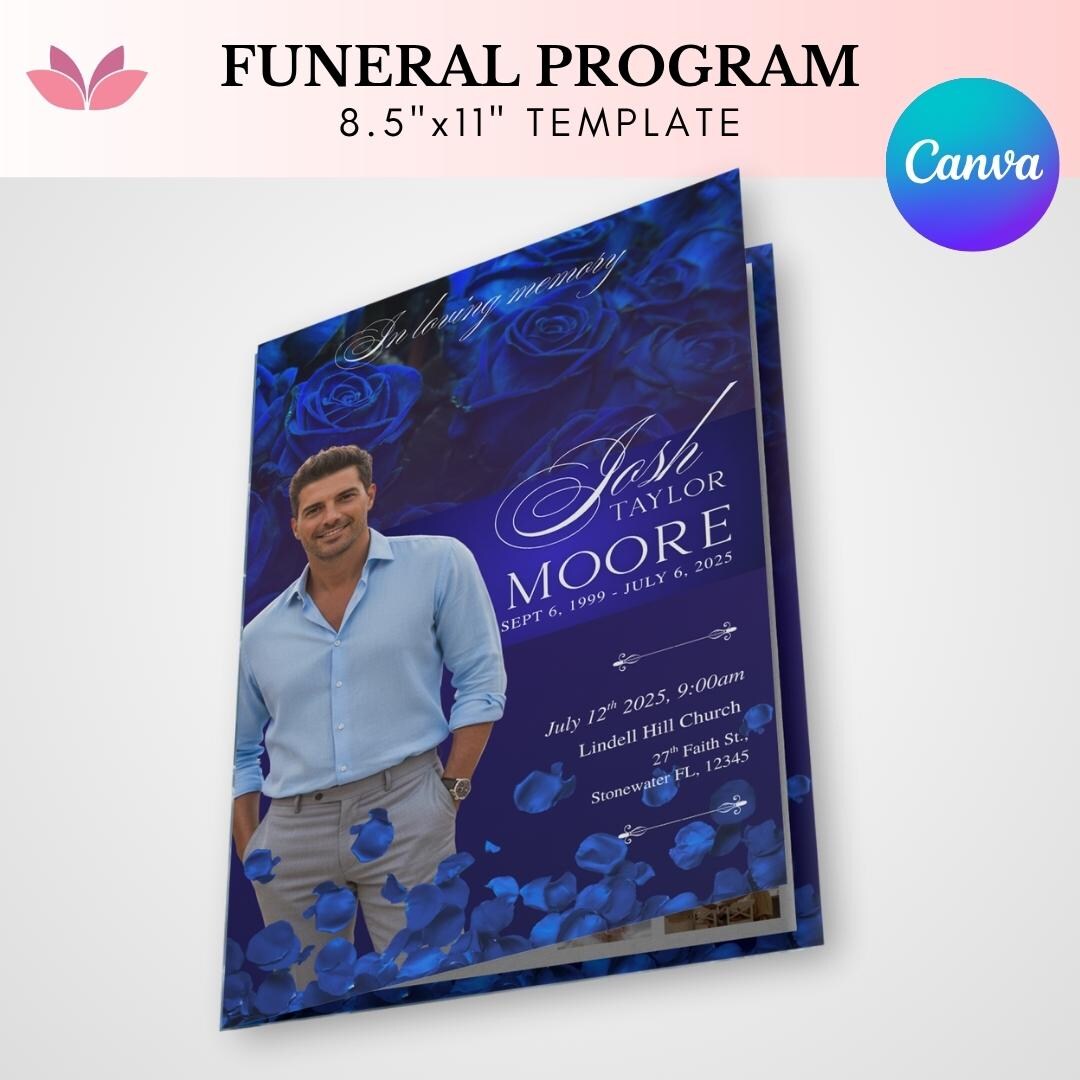 Elegant Blue Roses Obituary: Customizable Funeral Program Template ...