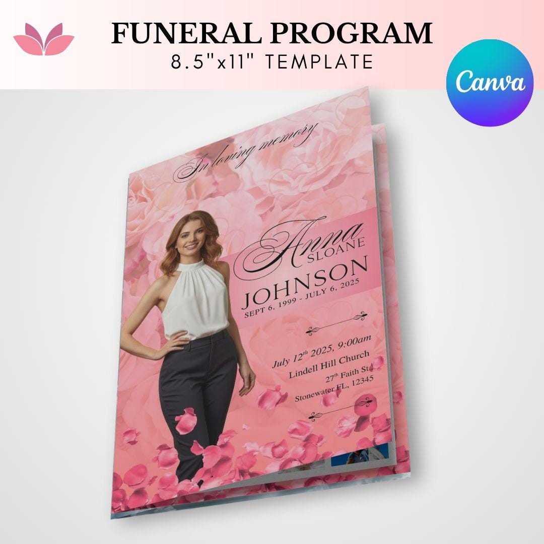 Pink Roses Funeral Program Template: Editable Obituary (canva, Digital ...