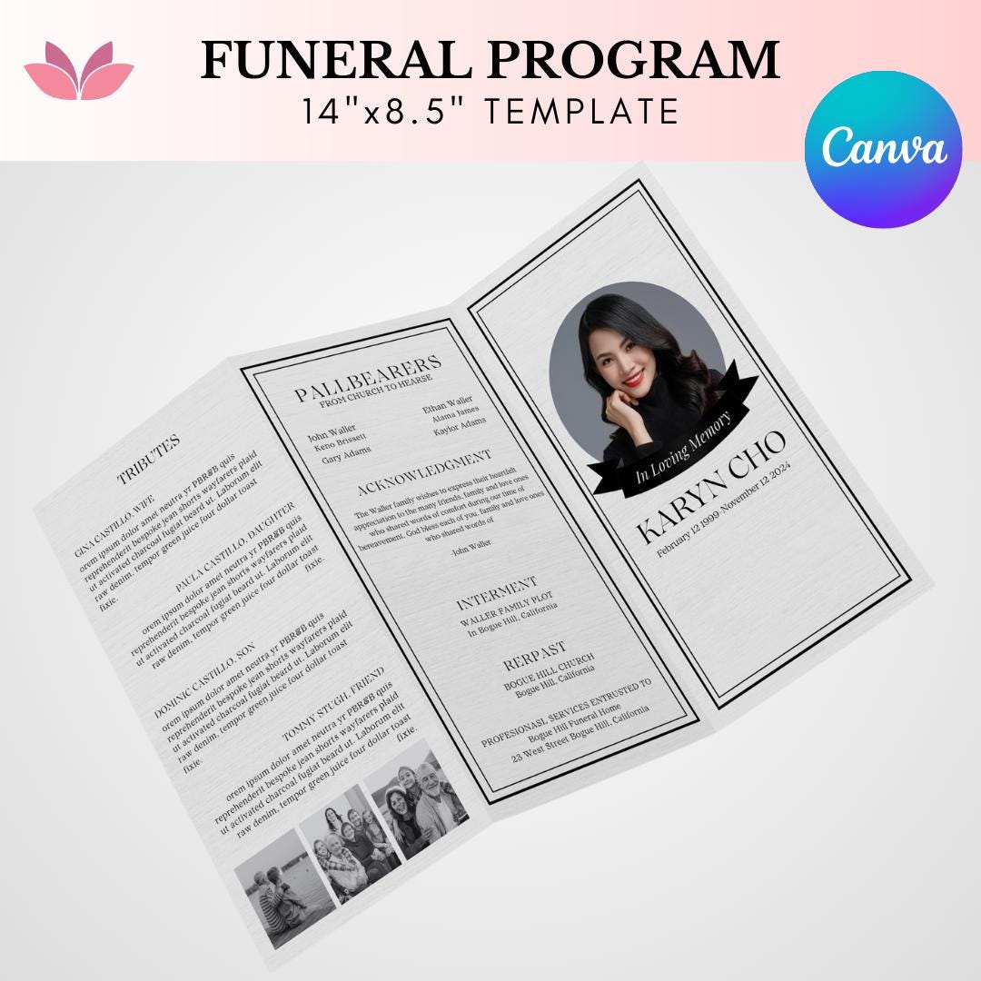 Black & White Trifold Obituary Template: Customizable Funeral Program ...