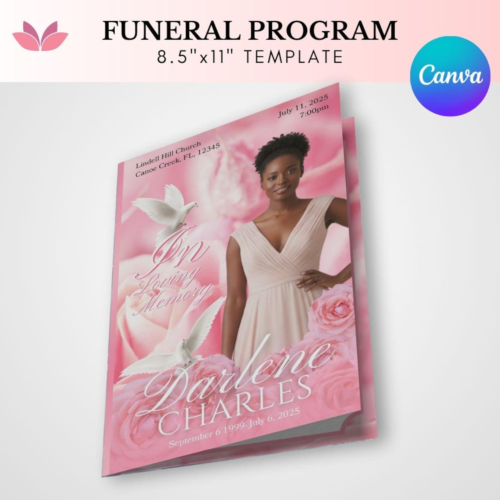 Pink Funeral Program Template: Customizable Obituary (canva, 8.5x11, 2 ...