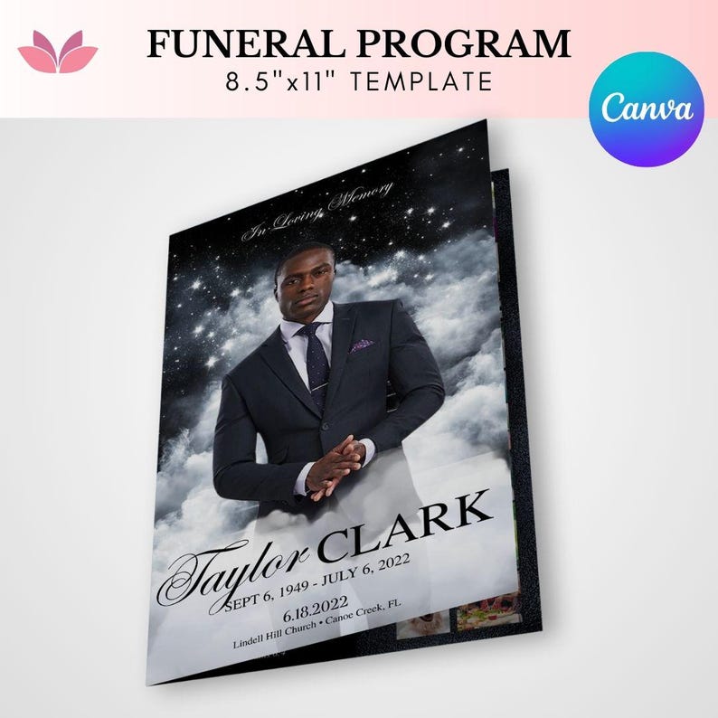 Black Funeral Program Template: 8.5x11 Obituary, Canva (digital ...
