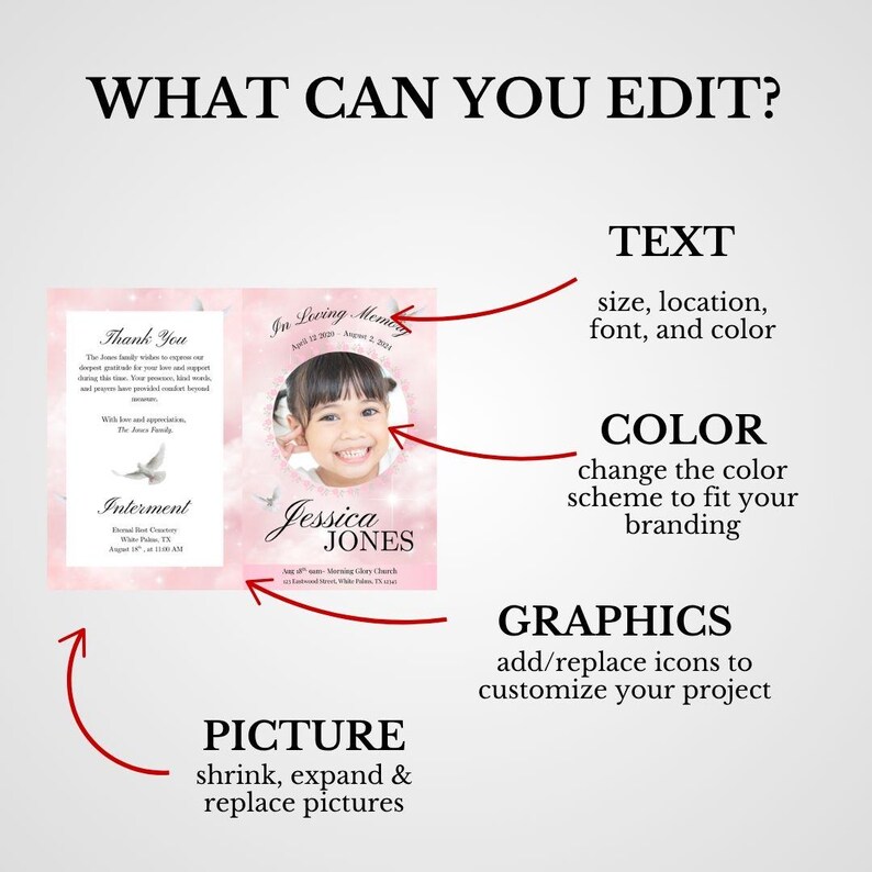 Pink Funeral Program Template: Child Obituary, Canva Editable (8.5x11 ...