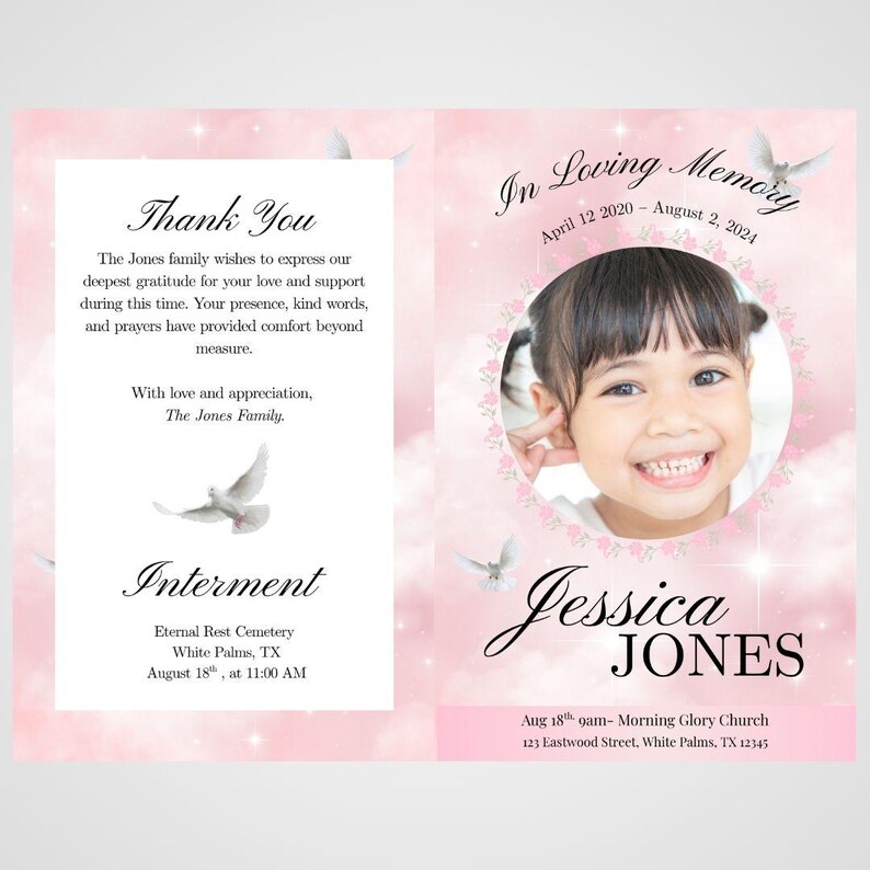 Pink Funeral Program Template: Child Obituary, Canva Editable (8.5x11 ...