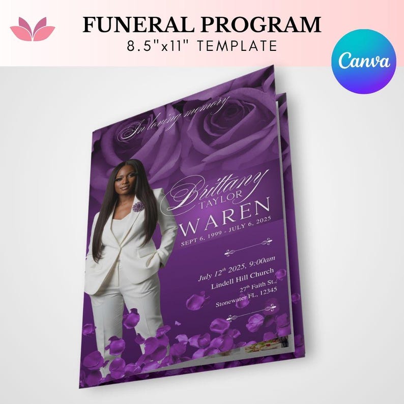 Elegant Purple Roses Funeral Program Template: Customizable Obituary ...