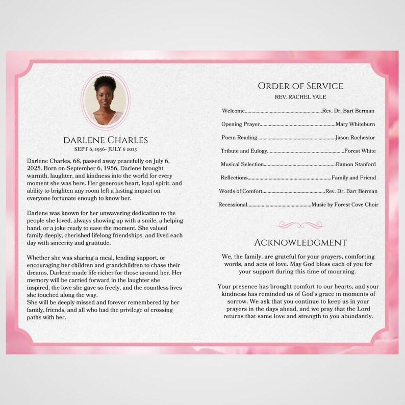 Pink Funeral Program Template: Customizable Obituary (canva, 8.5x11, 2 ...