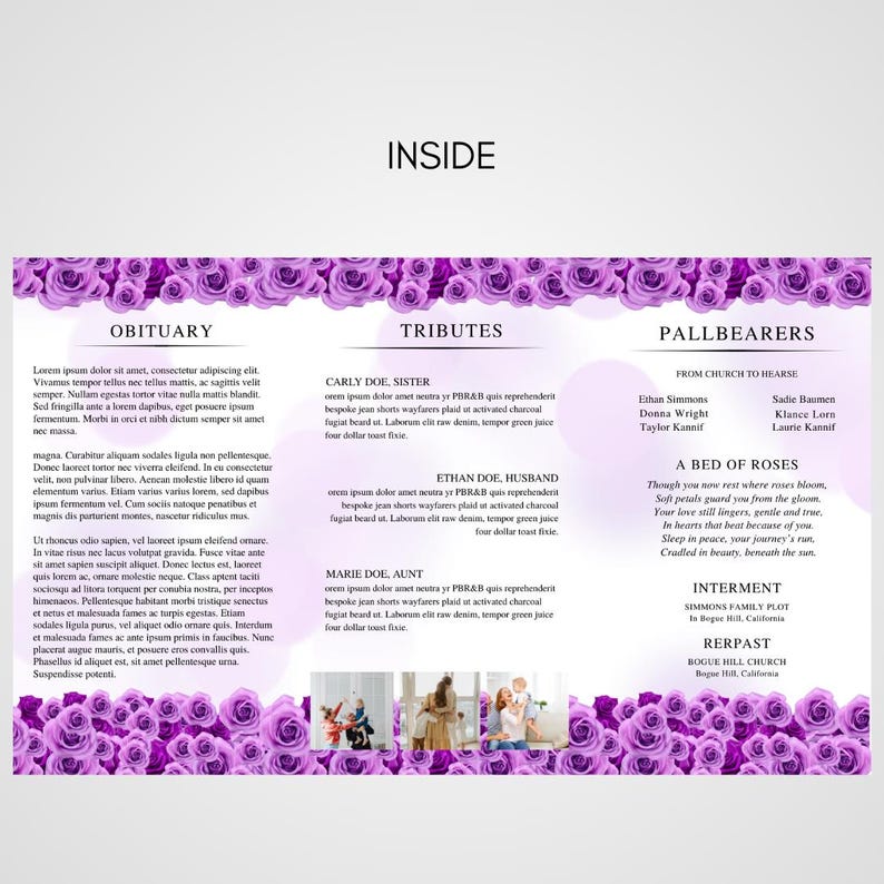 Purple Roses Funeral Program Template: Trifold Obituary (canva Editable ...