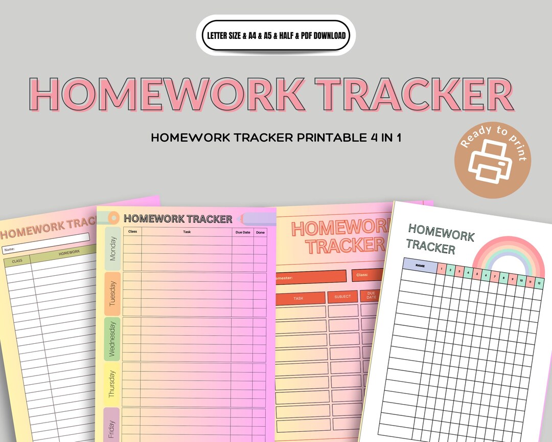 Set of 4 Prints | Printable A4 & US Letter Homework Tracker | Homework ...